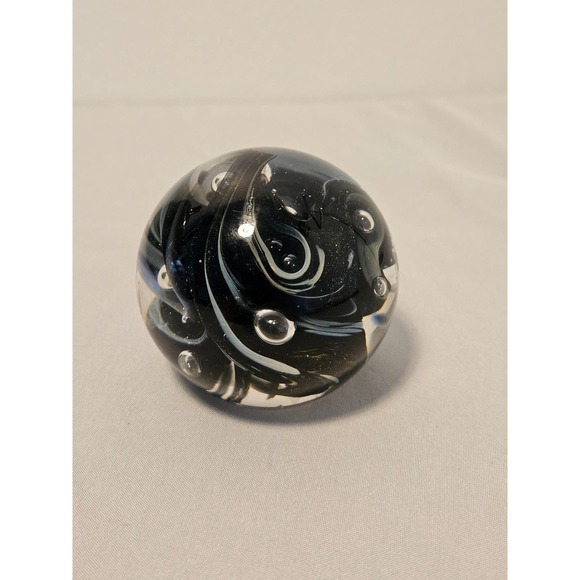 Art | Art Glass Paperweight Black White Swirls Bubbles Orb Sphere Desk ...